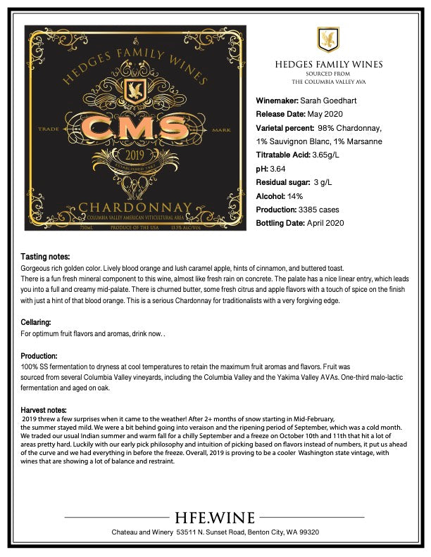Hedges CMS Chardonnay Columbia Valley Washington – Golden Rind Cheese ...